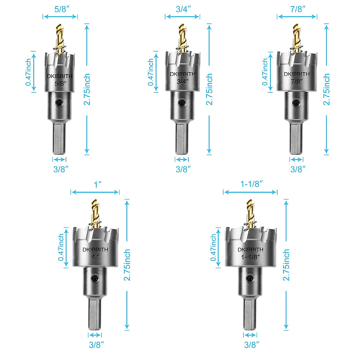 Carbide Hole Saw Kit, TCT Hole Saw Set Heavy Duty for 9 Precise Holes in Stainless Steel Hard Metal,Size 5/8” 3/4” 7/8” 1” 1-1/8” 1-1/4” 1-3/8” 1-1/2” 2”, 9 Extra Pilot Bits in Carrying Case