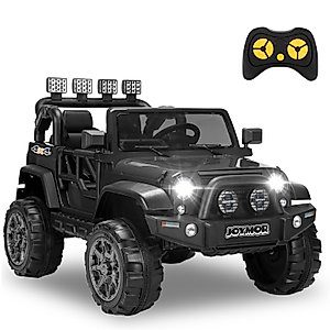 JOYMOR 2 Seat Ride on Truck, 12V Kids Electric Battery Powered Car with Remote Control, Motorized Toddler Vehicles Truck Toy, Adjustable Speeds, MP3 Player, LED, Horn (Two seat, Black)