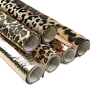 David angie Leopard Printed Faux Leather Sheet Metallic Burst Crack Synthetic Leather Fabric Assorted 6 PCS 7.7" x 12.9" (20 cm x 33 cm) for Hair Accessories DIY Crafts Making (Leopard Pattern B)