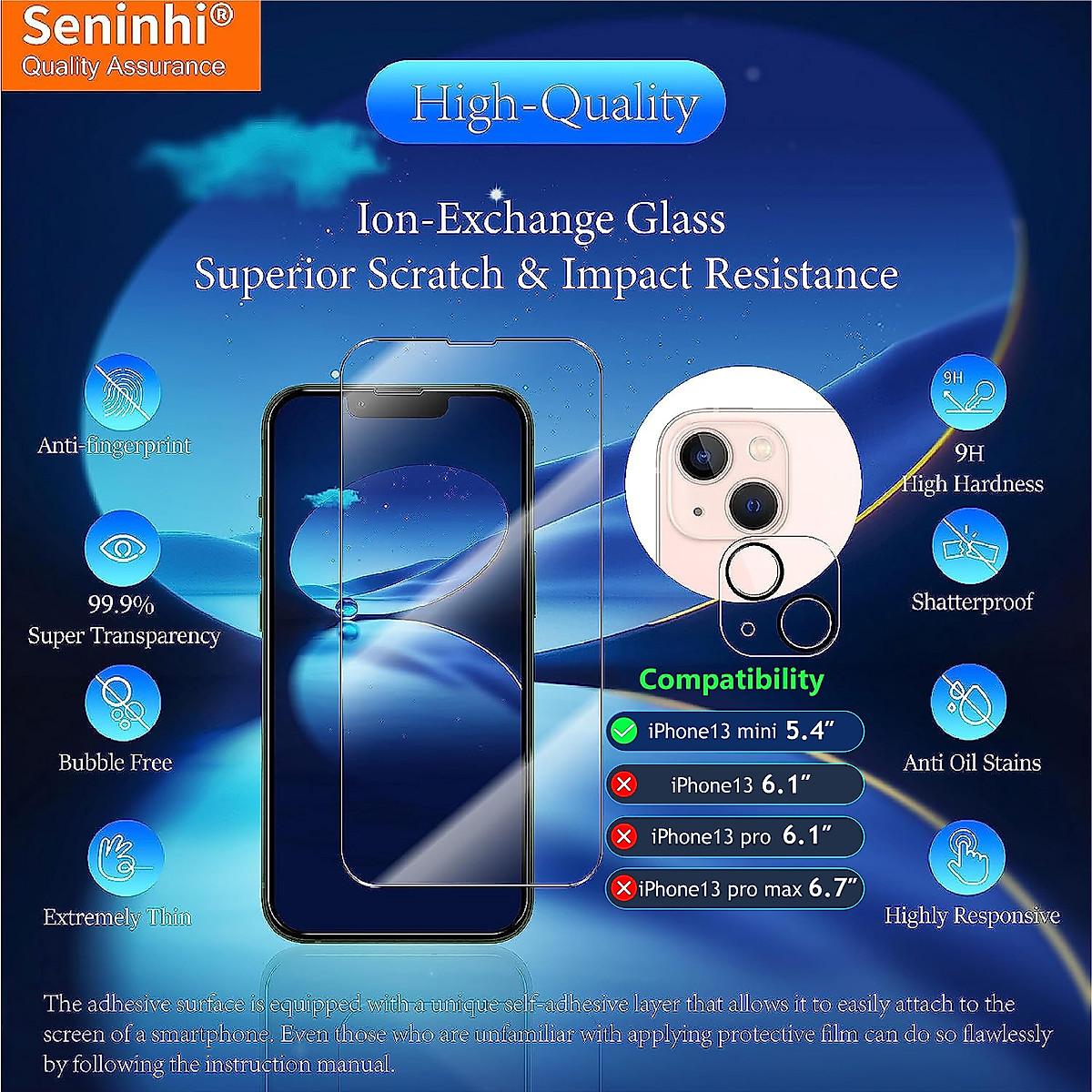 seninhi [3+3Pack] for iphone 13 mini 5.4inch Screen Protector 3Pack + Camera Lens Protector 3Pack, Tempered Glass Screen Protector [With Easy Installation Frame] [9H Hardness] [Anti-Scratch] [Bubble