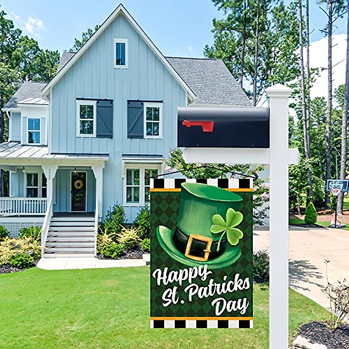 Happy St Patricks Day Garden Flag 12x18 Inch Burlap Double Sided Green Lucky Shamrock/Hat Sign Seasonal Small Flag Outdoor Decorations DF188