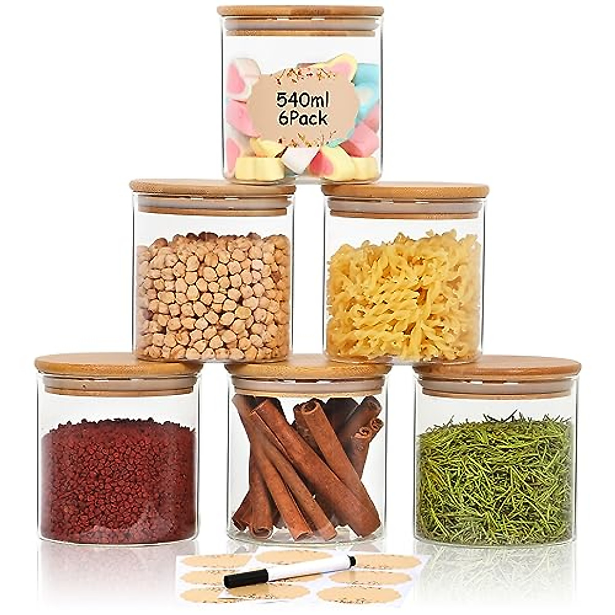 AuroTrends 18oz Glass Food Storage Containers with Lids 6Pack, 540ml Glass Storage Containers with Lids/Stickers/Marker- 540ml Glass Jars with Lids (18 fl. oz, Set of 6)