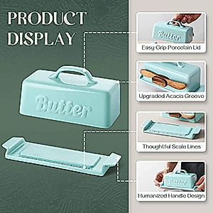 DOWAN Butter Dish with Lid and Knife, Butter Dish with Cutting Measurements and Humanized Knife Handle for East West Coast Butter, Ceramic Butter Dish with Lid for Countertop, Turquoise
