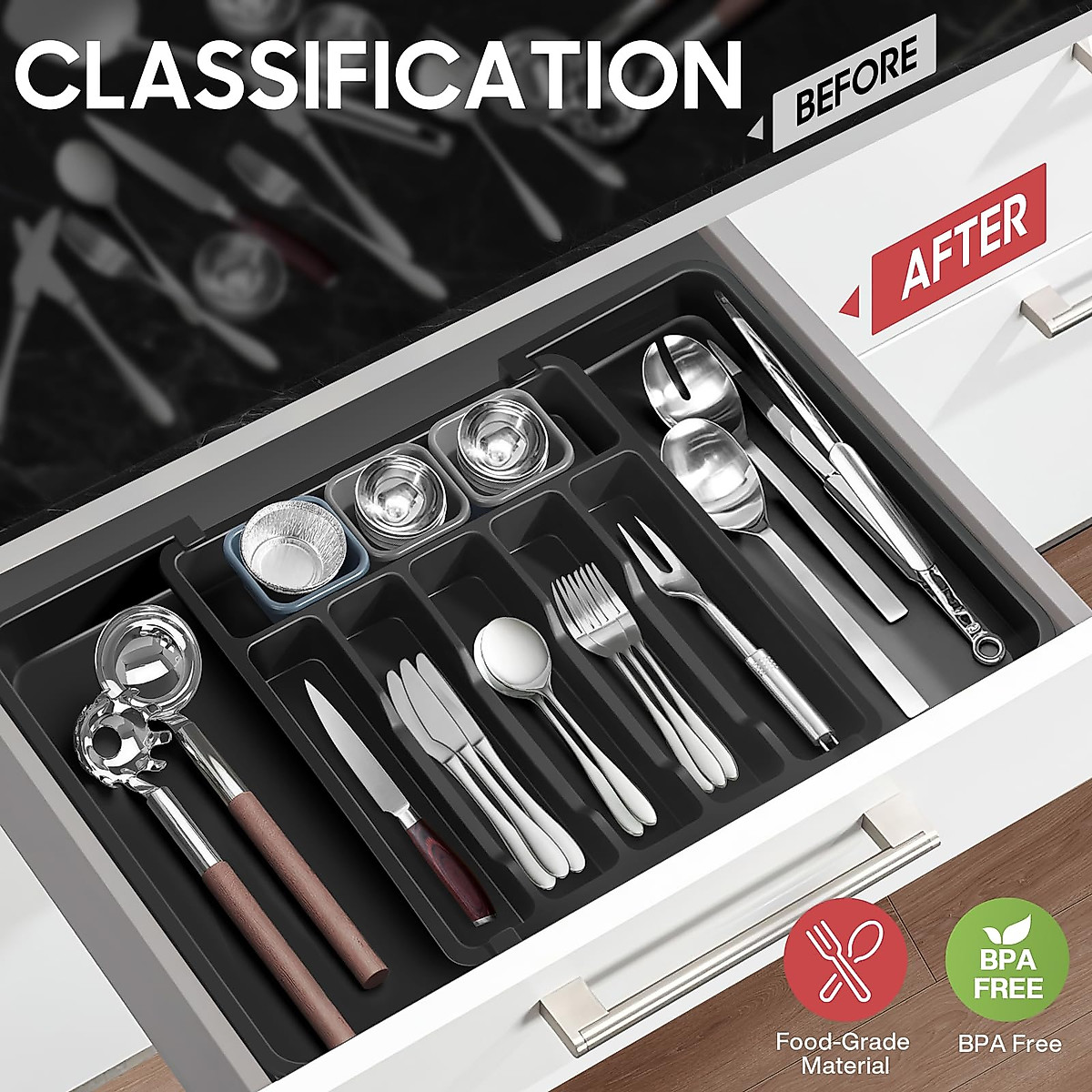 MIAOKE Silverware Organizer,Expandable Utensil Drawer Organizer with Dividers,3 Individual Square Slots,Kitchen Drawer Organizer for Forks,Knives and Other Kitchen Utensils and Cutlery Bedroom Office