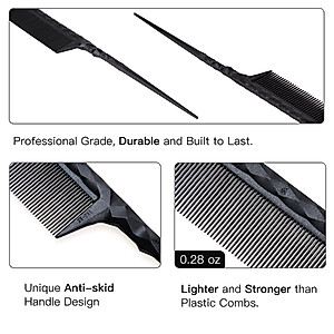 PERFEHAIR Heat Resistant Rat Tail Combs for Flat Iron Straightening, 2 Pieces Carbon Fiber Anti Static Styling Combs for Women, Fine and Wide Teeth, Black