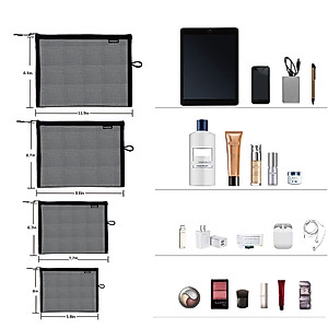 SUPACOOL Set of 4 Travel Mesh Makeup Bag, Cosmetic Organizer Pouche with Zipper, Diaper Organizing Pouches, Nylon Toiletries Bag for Women and Men(4pcs, Black)