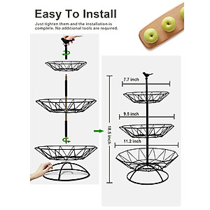 Homlab Fruit Basket for Kitchen-Countertop Detachable Vegetables-Storage 3-Tier Fruit Bowl for Counter Fruit Holder Metal Banana Holder Organizer with Banana Hanger & Reusable Storage Bag(Black)