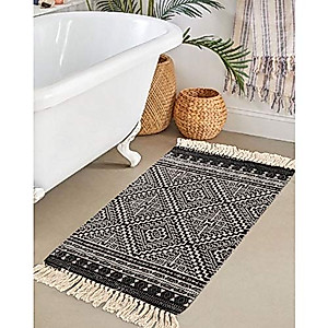 Seavish Cotton Printed Rug 2'W x 3'L Decorative Black and Cream Diamond Symmetry Kilim Small Area Rug Hand Woven Rug for Entryway Thin Throw Rugs for Laundry Room Living Room Dorm