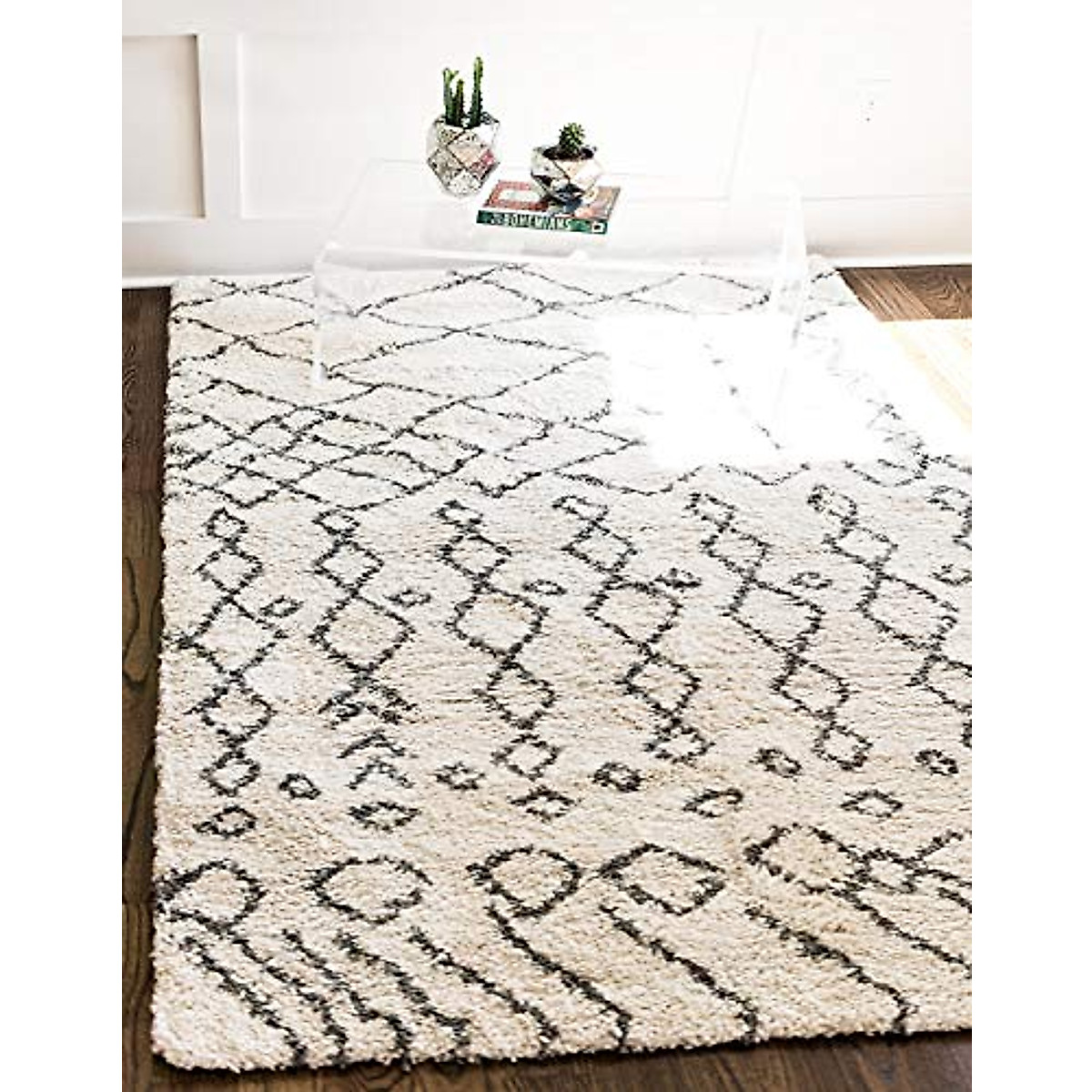 Unique Loom Rabat Shag Collection Area Rug - Geometric (9' x 12' Rectangle, Pure Ivory/ Gray)