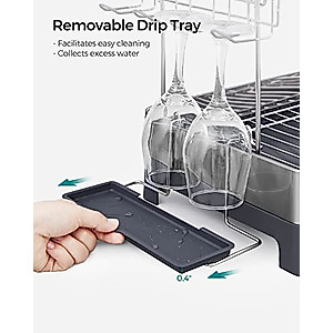SONGMICS Dish Drying Rack - 2 Tier Dish Rack for Kitchen Counter with Rotatable and Extendable Drain Spout, Dish Drainer with Utensil, Cup, Glass, Cutting Board Holders, Gray UKCS032E01