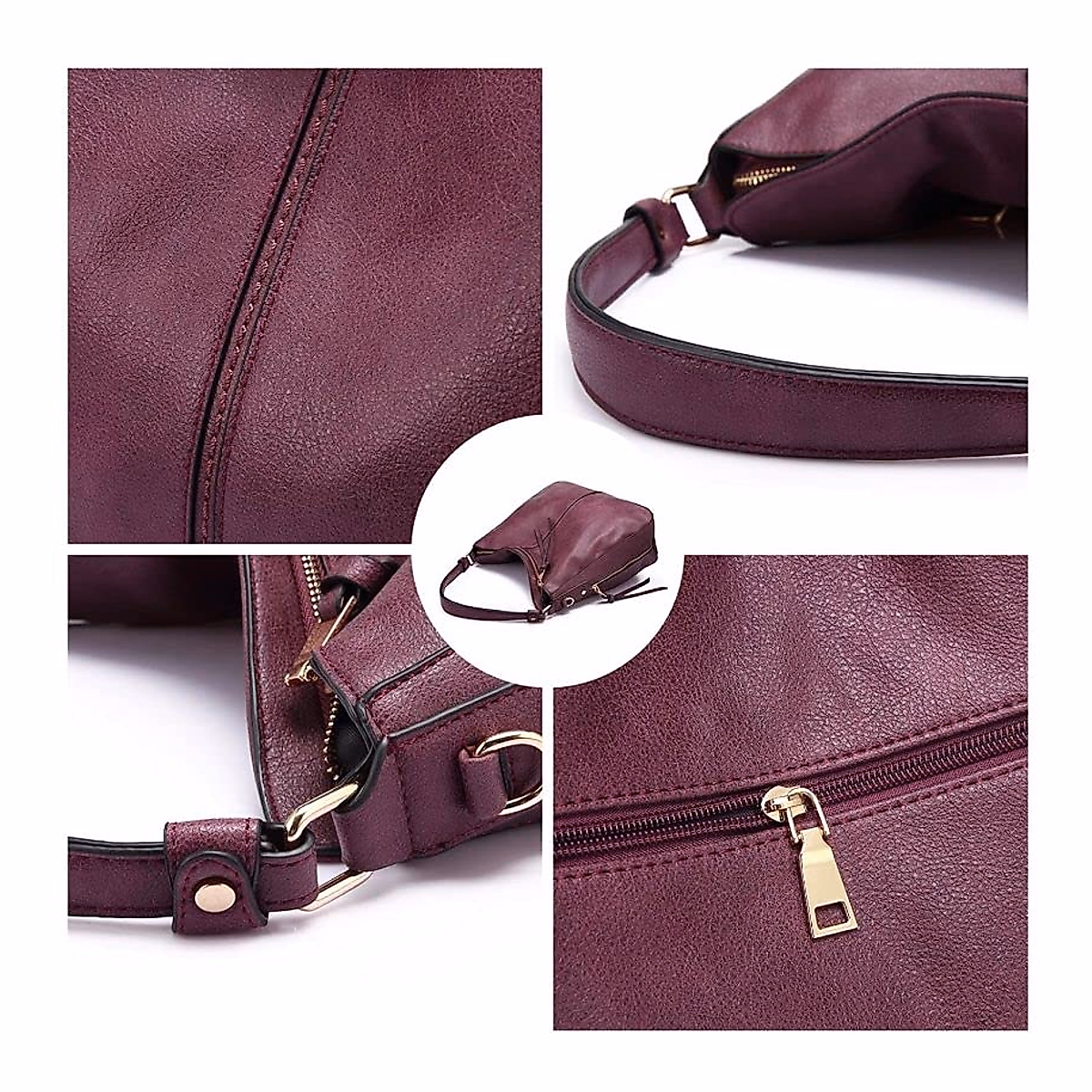 Handbags for Women Large Designer Ladies Hobo bag Bucket Purse Faux Leather (Wine)