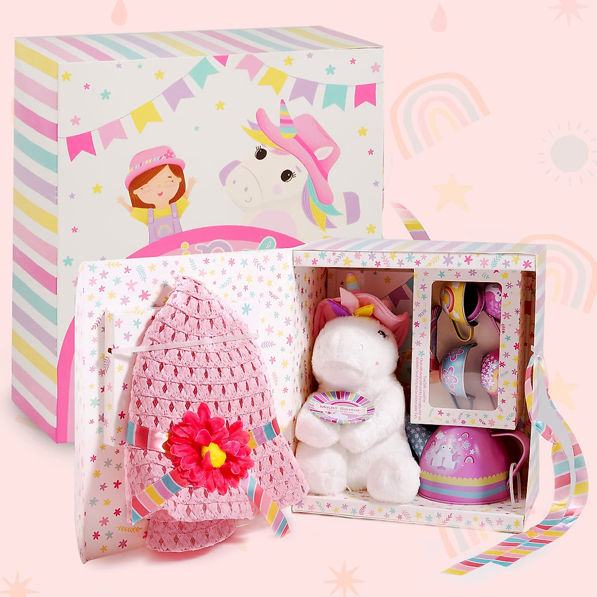 Tickle & Main Rainbow Unicorn Tea Party Gift Set, Tea Set for Little Girls with Unicorn Plushie