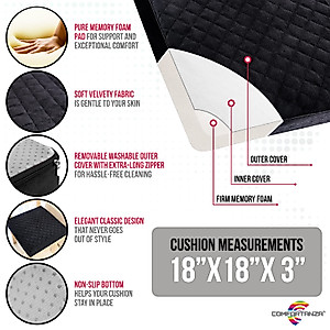 COMFORTANZA Chair Seat Cushion - 18x18x3 Memory Foam Large Square Thick Non-Slip Pads for Kitchen, Dining, Office Chairs, Car Seats - Booster Cushion - Comfort and Back Pain Relief - Firm - Black