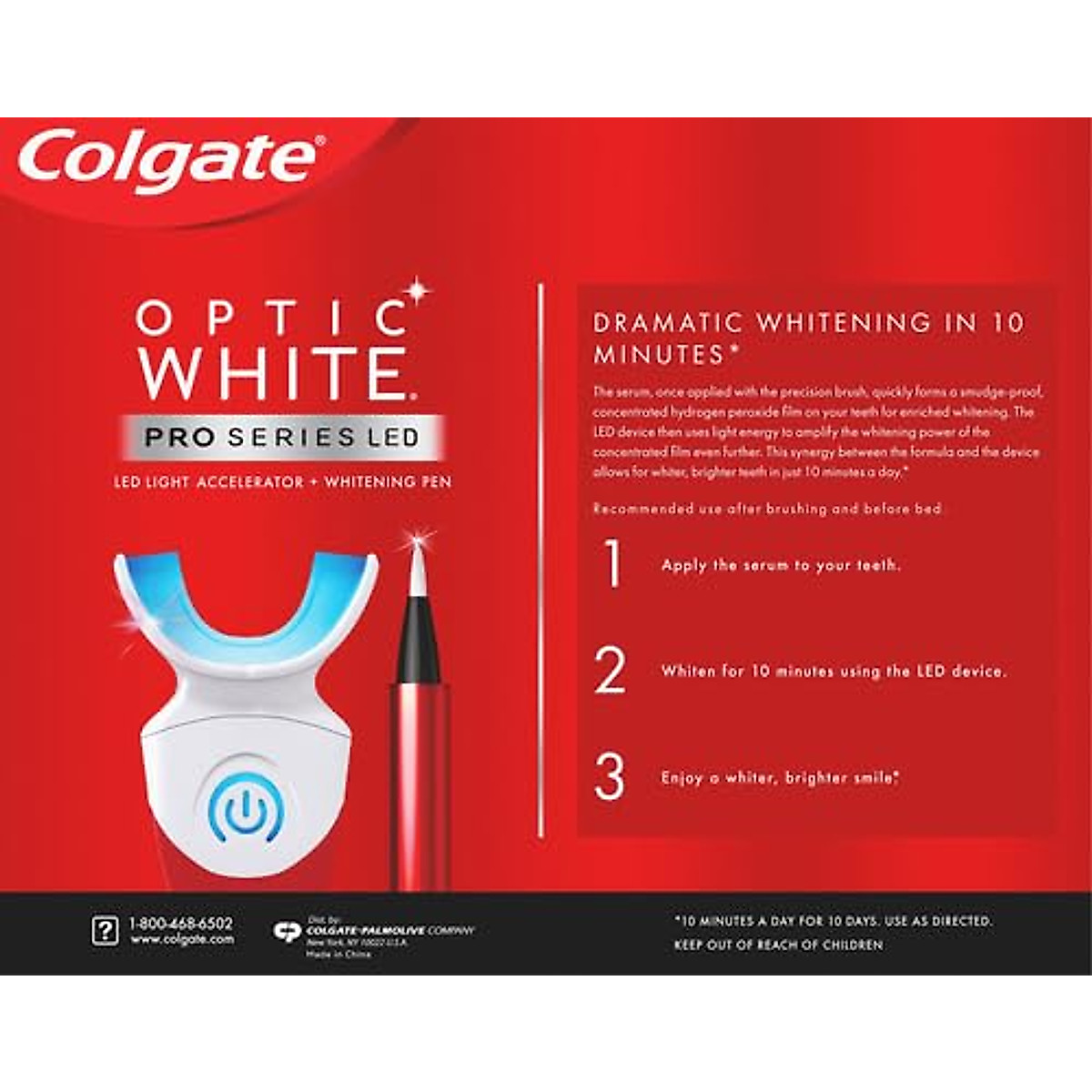 Colgate Optic White Pro Series Teeth Whitening Pen and LED Tray, Professional-Level Whitening Set, Rechargeable