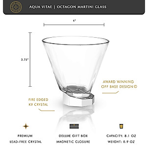 JoyJolt Aqua Vitae Martini Glass Set of 2. Crystal Glassware, Round Drinking Glasses with Off Set Octagon Base. Stemless Cocktail Glasses and Dessert Glasses. Unique Christmas Gifts