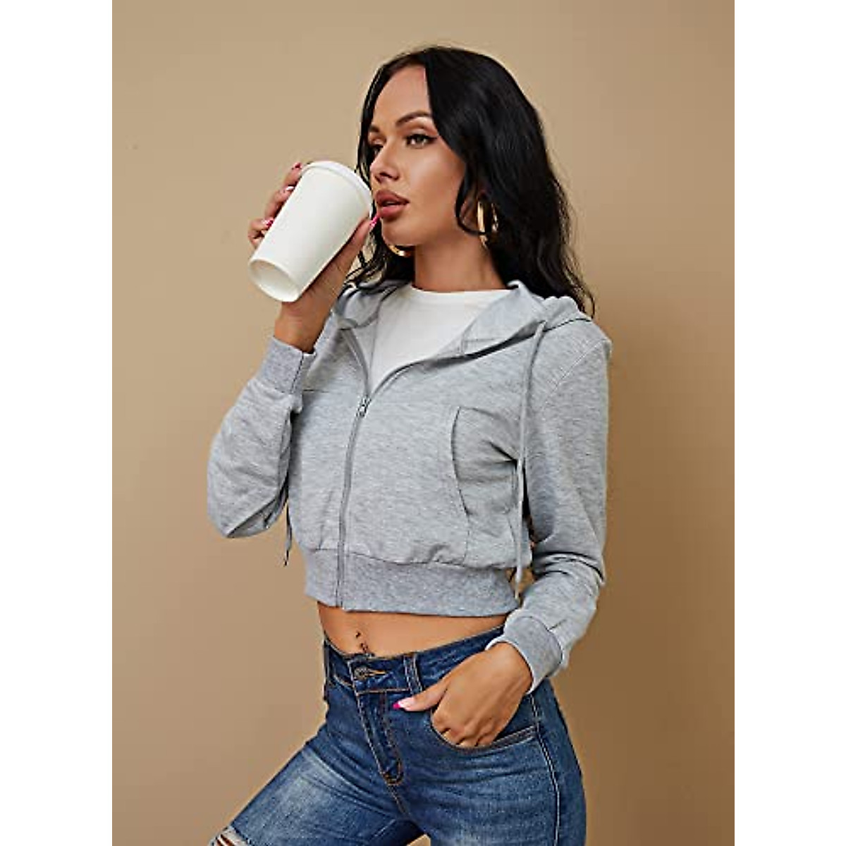 milanpavilion Women's Cropped Zip Up Hoodie Sweatshirt Long Sleeve Zipper Basic Workout Crop Jacket Teen Zipper Hoodie Grey