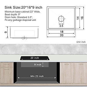 MENATT 20-inch Undermount Kitchen Sink, SUS304 Stainless Steel Handmade Single Bowl Kitchen Sink with Sink Strainer (Brushed), 20"x16"x9"