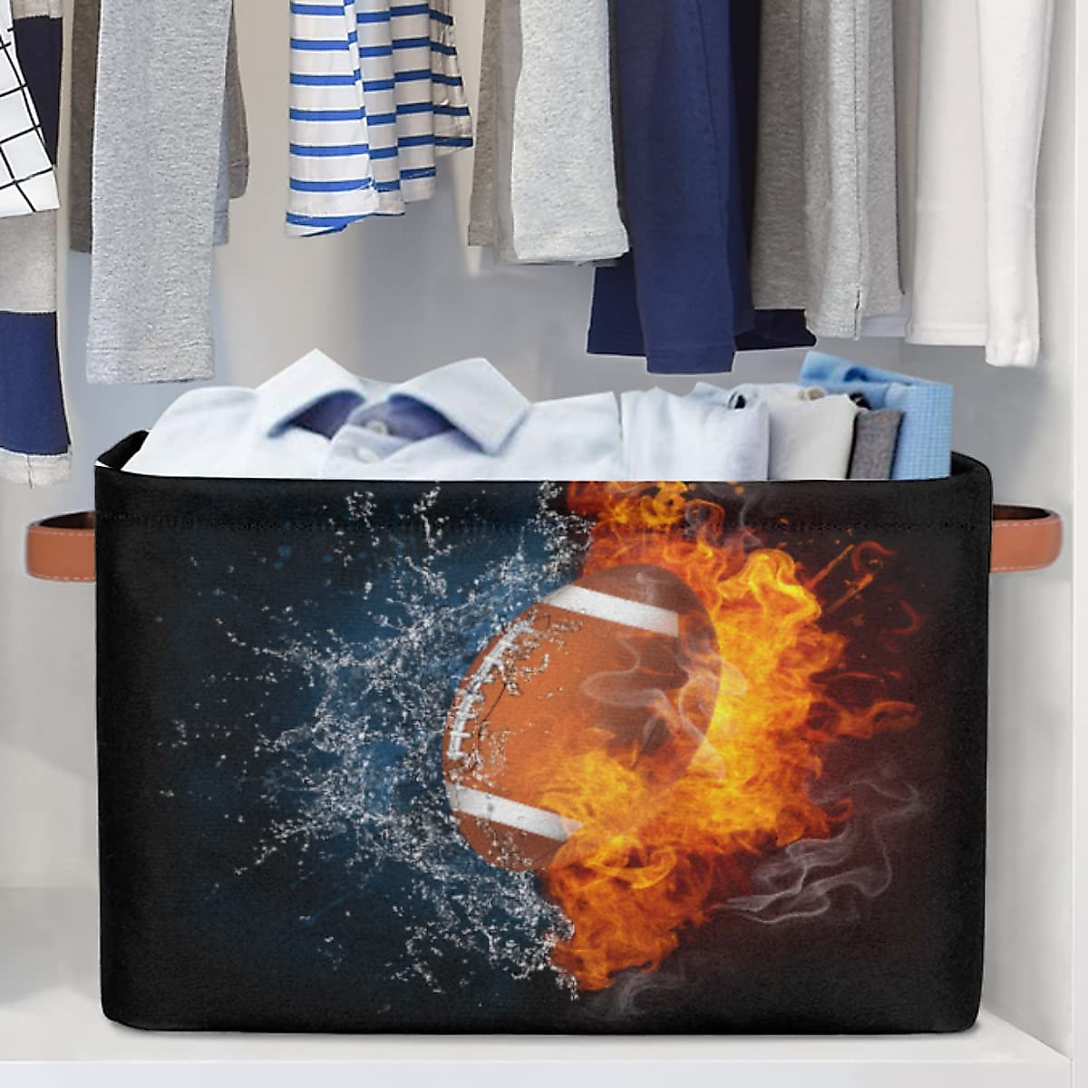 Fire Ice Football Foldable Storage Bin, Fire Water Sport Ball Fabric Storage Baskets Collapsible Decorative Baskets Organizing Basket Bin with Handles for Home Office, 2PACK