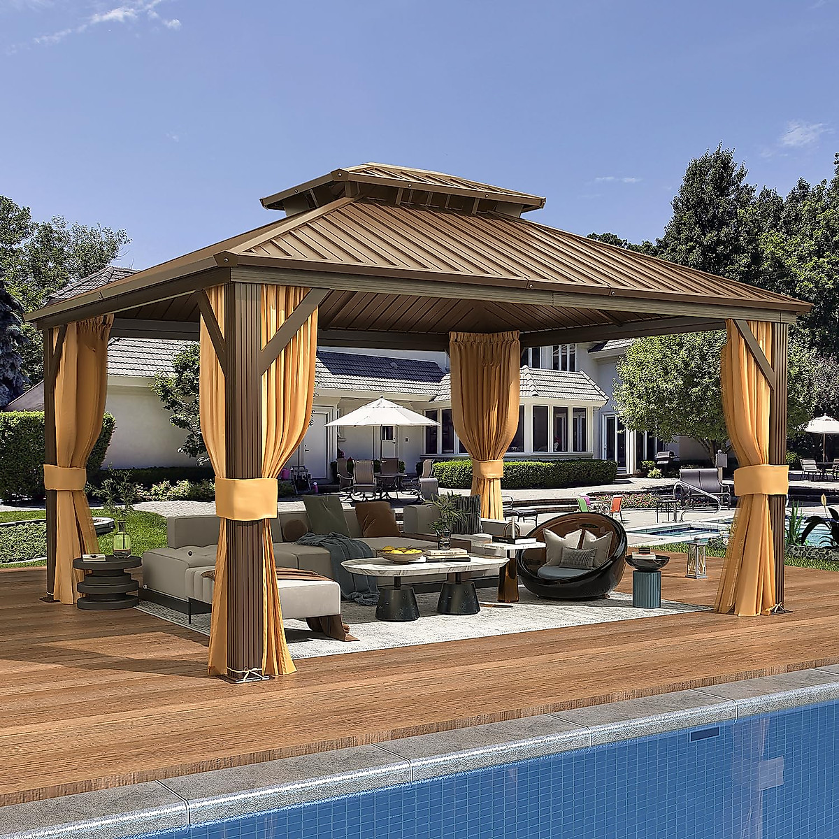 EROMMY 12' x 14' Hardtop Gazebo, Aluminum Frame Gazebos with Galvanized Steel Double Roof, Permanent Outdoor Metal Pavilion with Curtain and Netting for Patio, Lawn, Deck