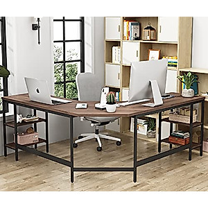 Yongchuang L Shaped Desk with Storage, Large Home Office L-Shaped Computer Desk with Shelves Reversible Corner Desk 69" Writing Table Workstation Industrial Study Desk Brown Wood Top
