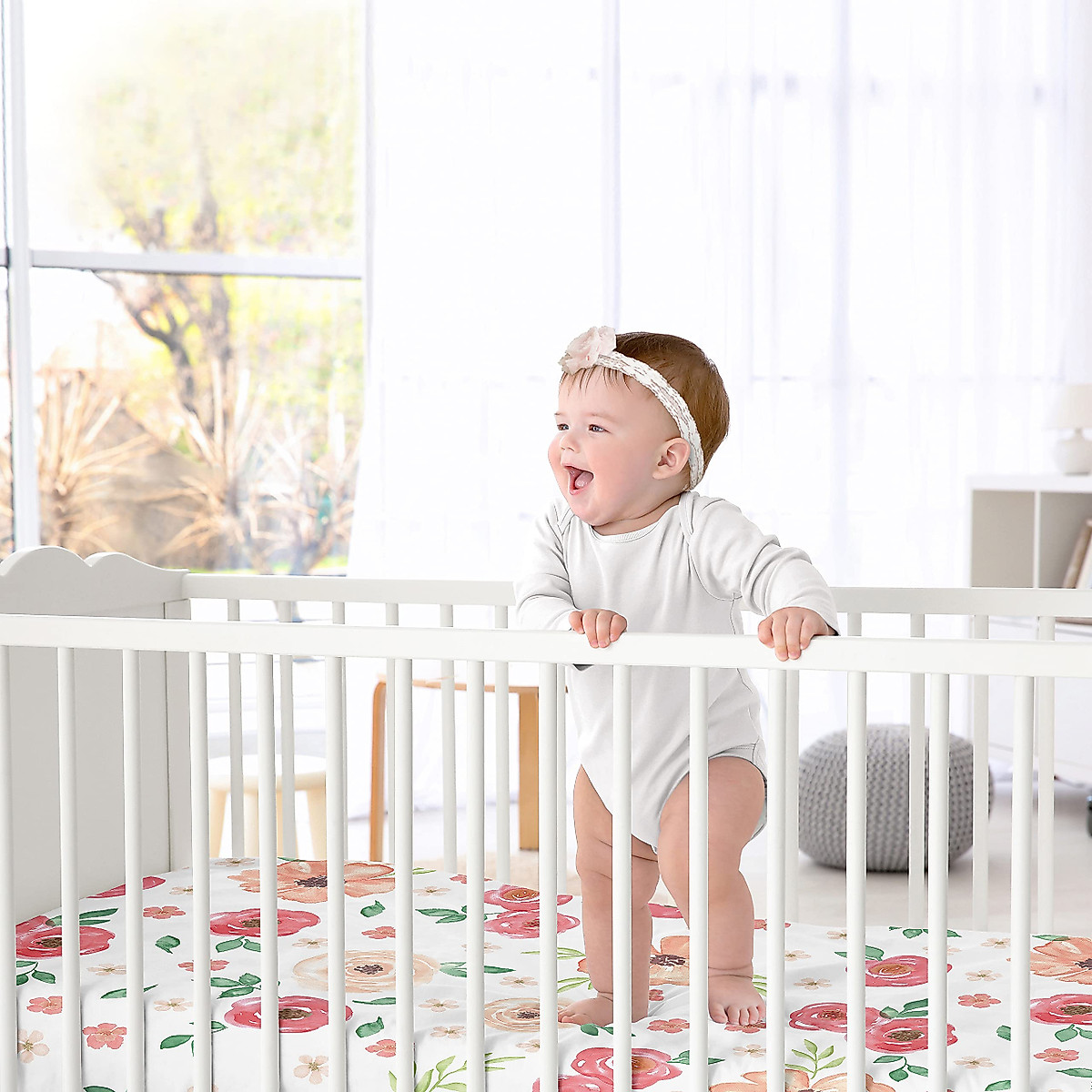 Sweet Jojo Designs Peach and Green Baby or Toddler Fitted Crib Sheet for Watercolor Floral Collection - Pink Rose Flower