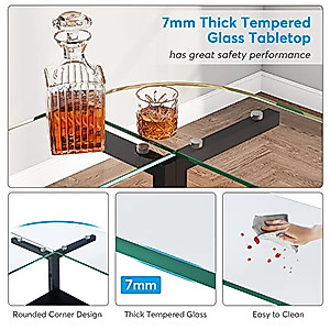 Tribesigns Home Bar Unit, L Shaped Black Liquor Bar Table with Glass Counter Top, Wine Glasses Holder, Storage Shelves and Footrest for Living Room/Basement