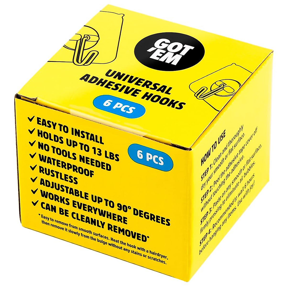 GOT 'EM Universal Adhesive Hooks Medium 6-Pack - Peel & Stick to Wall, Heavy Duty Holds 13 lbs of Towels, Coats, Picture, Plant. 90 Degree Adjust, Water Proof for Indoor/Outdoor, No Tools Needed