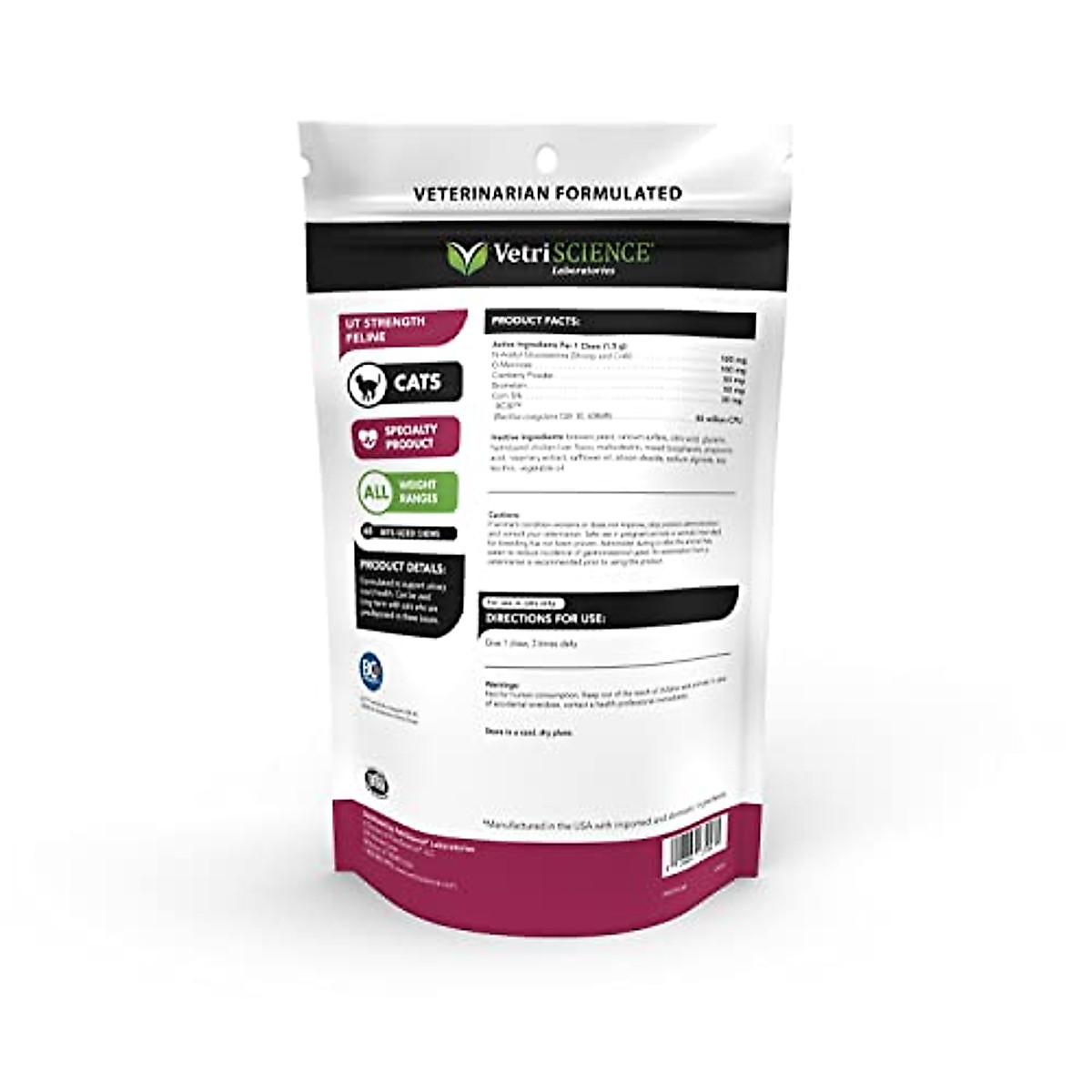 VETRISCIENCE UT Strength Feline Urinary Tract Supplement for Cats – Chews for Urinary Tract Support with Cranberry Powder, Bromelain, and Probiotics