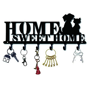 CREATCABIN Hook Hanger Wall Key Holder Metal Decorative Mounted Coat Hanger with Word Sweet Home and Dogs Feature Design Organizer Rack with 6 Hooks for Wall, Bathroom, Kitchen, Entryway