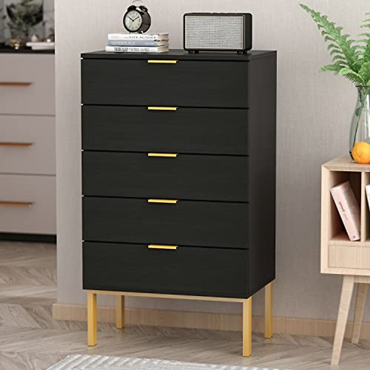 ECACAD Modern Dresser with 5 Drawers & Metal Legs, Wood Dresser Storage Chest for Bedroom, Living Room, Black (23.6”L x 15.7”W x 41.1”H)