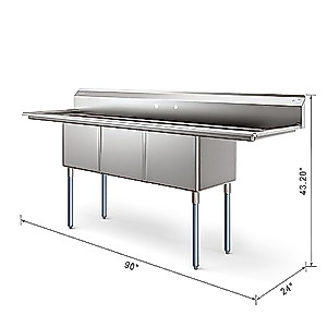 KoolMore 90 in. Three Compartment 18-Gauge Stainless-Steel Commercial Kitchen Sink, Bowl Size 18x18x14, with Three Basins and Pre-Drilled Faucet Holes and Two Drainboards (KM-SC181814-18B3)