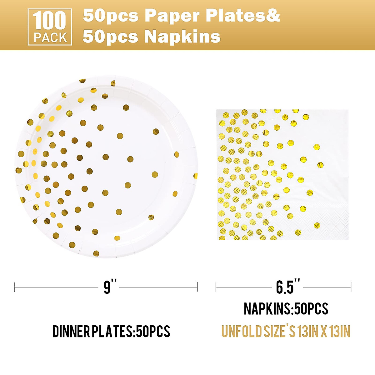 CENLBJ Disposable Paper Plates 100 Pack - White and Gold Paper Plates 50 x 9 & Gold Dot Napkins 50 x 6.5,Party Supplies for Weddings, Birthdays, Bridal Parties, All Occasions