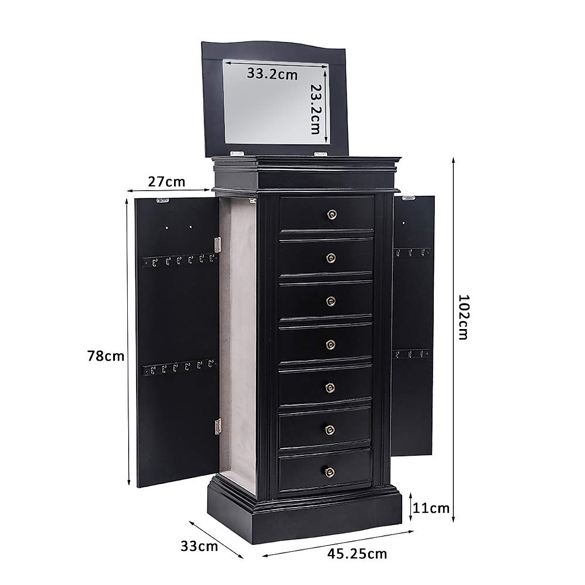 EEBUIHUI Standing Jewelry Armoire Cabinet Storage Chest with 7 Drawers, 2 Swing Doors, 24 Necklace Hooks, Makeup Mirror Storage Organizer, Large Standing Jewelry Armoire (Black)