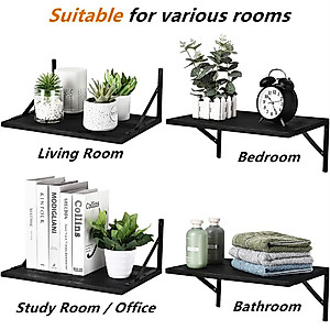 Deep Floating Shelves for Wall 4 Sets, 12 Inch Deep Floating Shelves Black, Wide Floating Shelves Wood Wall Mounted, Large Floating Wall Shelves for Bathroom, Bedroom, Kitchen, Living Room, Office