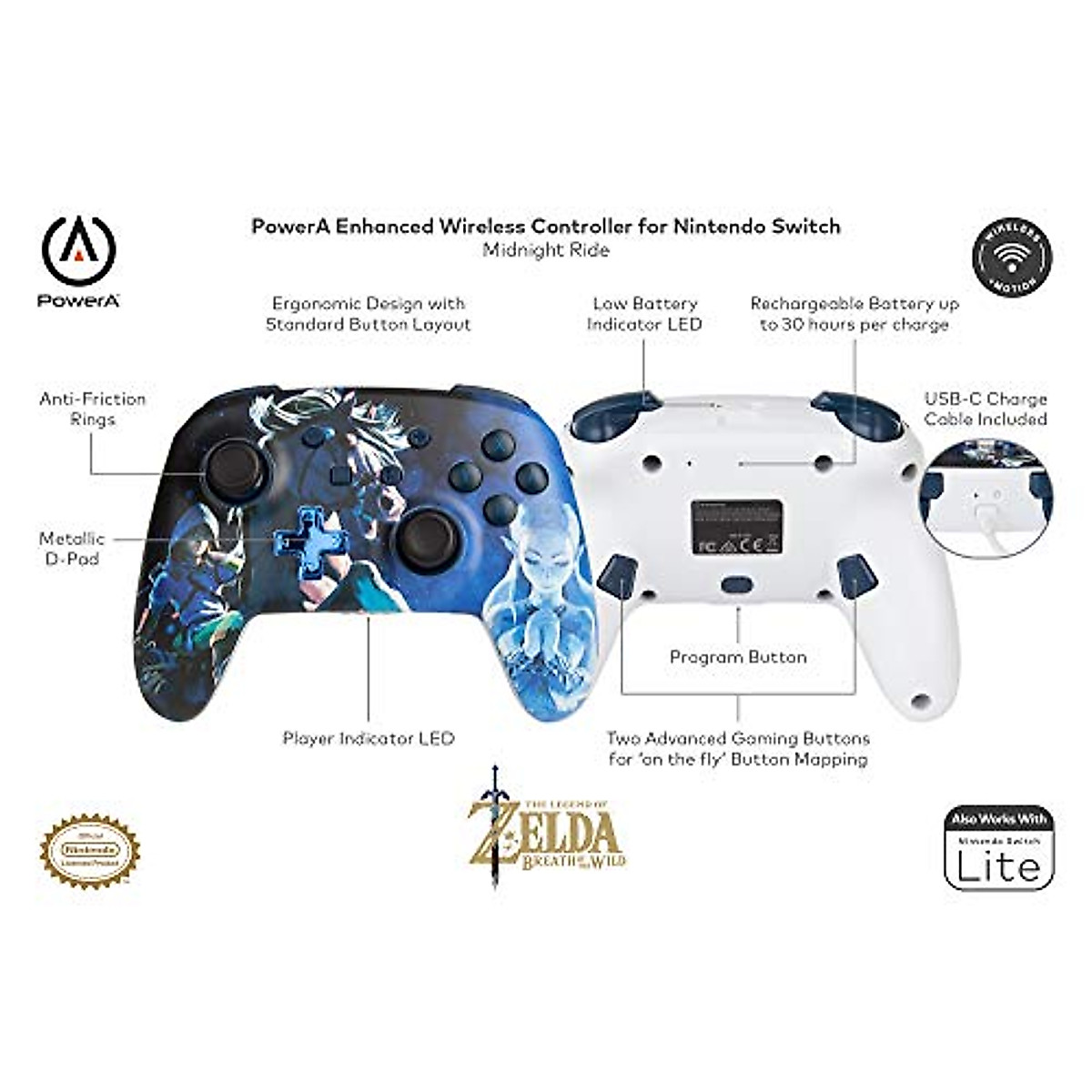 PowerA Enhanced Nintendo Switch Controller Wireless - Zelda Midnight Ride, Legend of Zelda Sworn Protector, tears of the kingdom, Rechargeable Pro Controller for Switch, Immersive Motion Control and Advanced Gaming Buttons