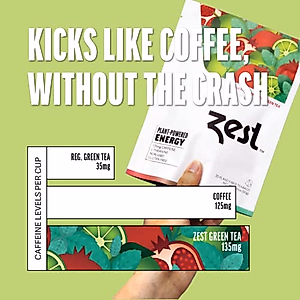 Zest 135mg High Caffeine Energy Leaf Blend - Pomegranate Mojito Green Tea - 20 Pack Bag - All Natural Strong Flavored Healthy Coffee Alternative Highly Caffeinated Substitute - Perfect for Keto