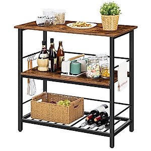 HOOBRO Kitchen Island with Wine Rack, Industrial Kitchen Counter with Hooks and Protective Rails, 3 Tier Kitchen Shelf with Large Workstation, Easy Assembly, Rustic Brown BF02ZD01