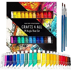 Crafts 4 All Acrylic Paint Set for Adults and Kids - 24-Pack of 12mL Paints for Canvas, Wood & Ceramic w/ 3 Art Brushes - Non-Toxic Craft Paint Sets - Stocking Stuffers for Girls and Boys