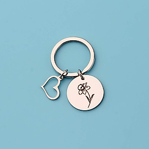 FATOP Birth Flower Jewelry Dainty Birth Flower keychain Birthday Gift Birth Month Jewelry Mother's Day Gift Flower Lover Gift (Mar-daffodil key)