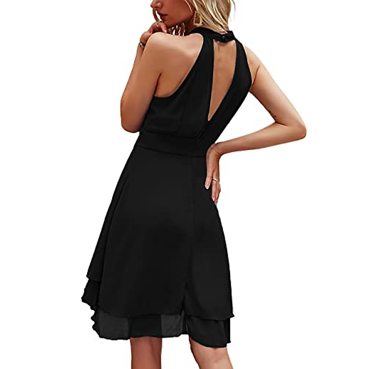 LYANER Women's Halter Sleeveless Pleated Layer Ruffle Hem Elegant Workwear Mini Dress Solid Black Medium