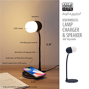 Led desk lamp with QI wireless smart charger. Home office bedside table night light lamp. Bluetooth connected speaker. 3 lighting color changing modes and touch control. Nightlight lamps for bedrooms.