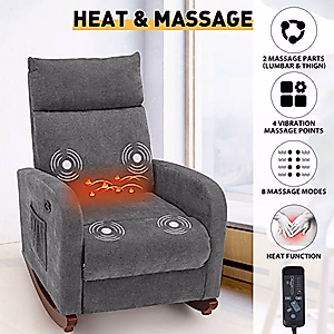 AVAWING Electric Massage Rocking Chair, Rocking Accent Armchair with Heat Function USB Ports, Rocker Fabric Padded Seat Wood Base, Modern High Back Armchair with Footrest Remote Control for Home,Grey