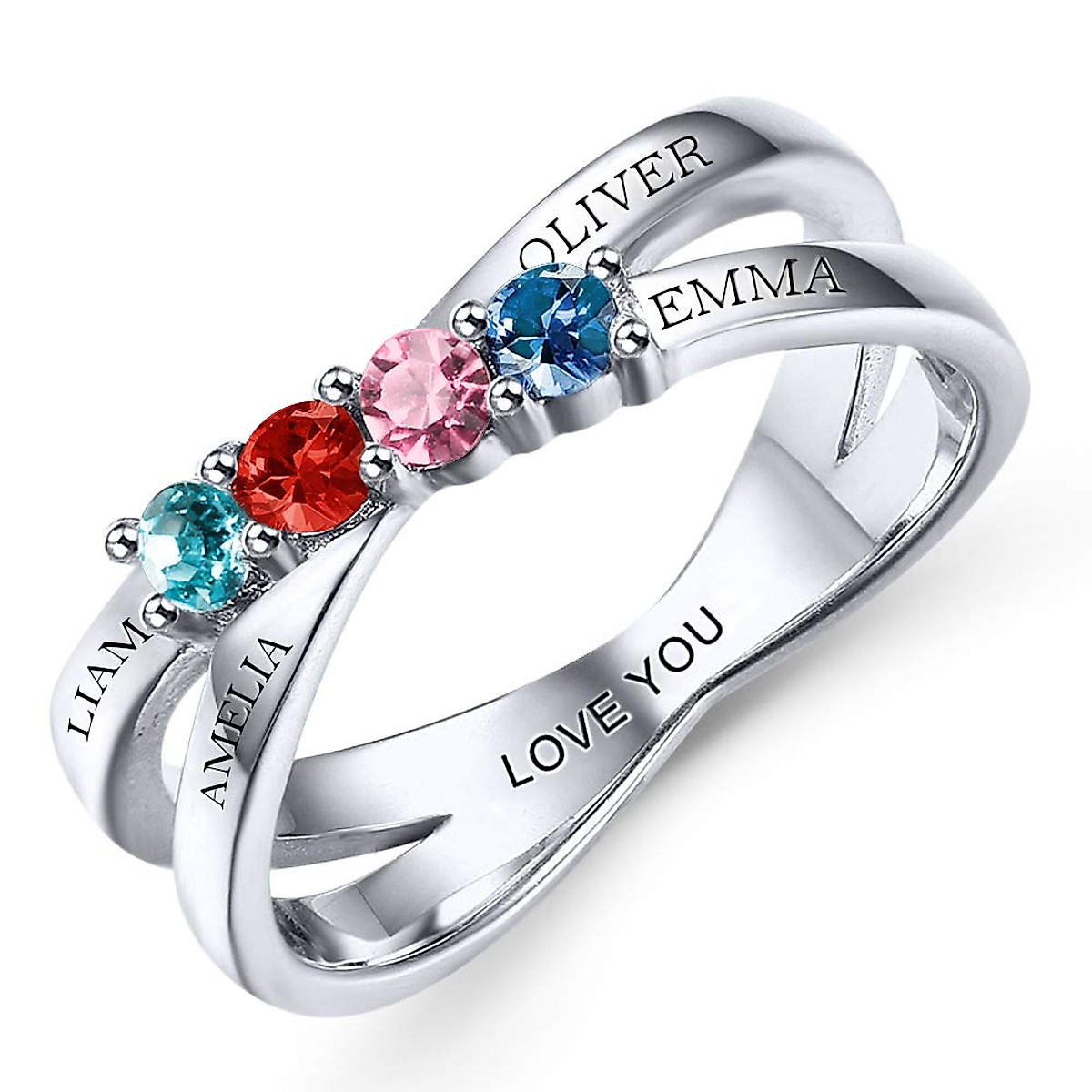 GLAMCARAT Personalized 925 sterling stacking Silver Ring mothers ring with 4 Four Birthstone Custom name Ring with 4 Stones Family Engraved Ring Personalized Jewelry for Women (7)