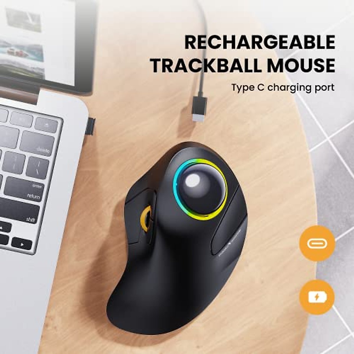 ProtoArc Wireless Bluetooth Trackball Mouse, EM03 Ergonomic RGB Rollerball Mouse Rechargeable Computer Laptop Mouse, 3 Device Connection&Index Finger Control for iPad, Mac, Windows-Black