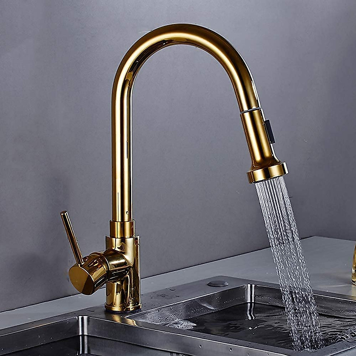 Extendable Kitchen Faucet Gold Faucet Kitchen with Pull-Out Spray Shower Sink Mixer Single Lever Mixer Tap Sink Mixer 360°°Swivel Made of Brass