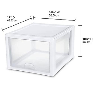 Sterilite 27 Quart White Frame Clear Plastic Stackable Storage Container Bin w/Single Drawer, 4 Pack