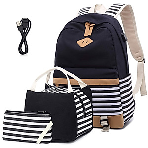 Meisohua Girls Canvas School Backpack Set Teen Girls Backpack with lunch bag College Laptop Backpack with USB (3 in 1 Black Set)