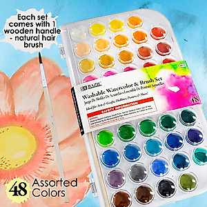 BAZIC Watercolor w/ Brush & Mixing Palette, 48 Color Non-Toxic Paint Set, for Hobby Fun Art Supplies Vibrant Painting, Gift for Kids Artists, 1-Pack