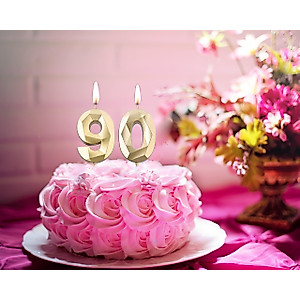 2 inch Gold 90 Birthday Candles, 3D Diamond Number 90 Cake Topper for Men Women Birthday Party Decorations Theme Party