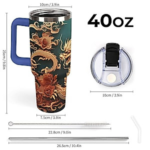 40 Oz Vacuum Tumbler with Deep Blue Handle Leakproof Insulated Tumbler Dragon Chinese Background Stainless Steel Travel Mug with Lid And Straw Coffee Cup Cute Water Bottles Cup Holder Friendly